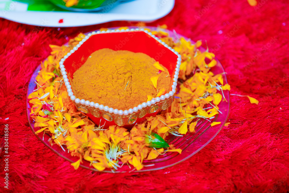 Traditional wedding ceremony in Hinduism: Turmeric in plate for haldi ...