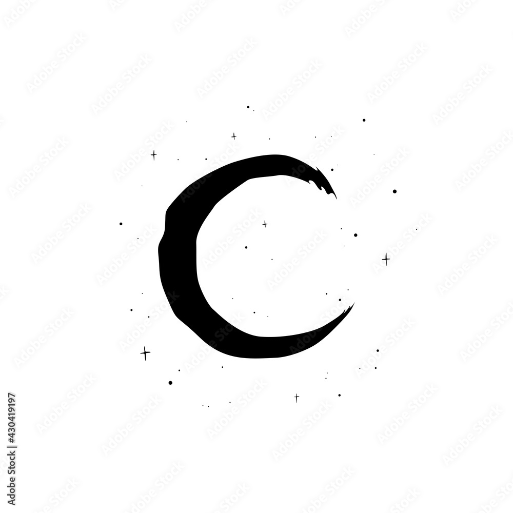 Black half moon and stars isolated on white. Night, sky, dream, sleep ...
