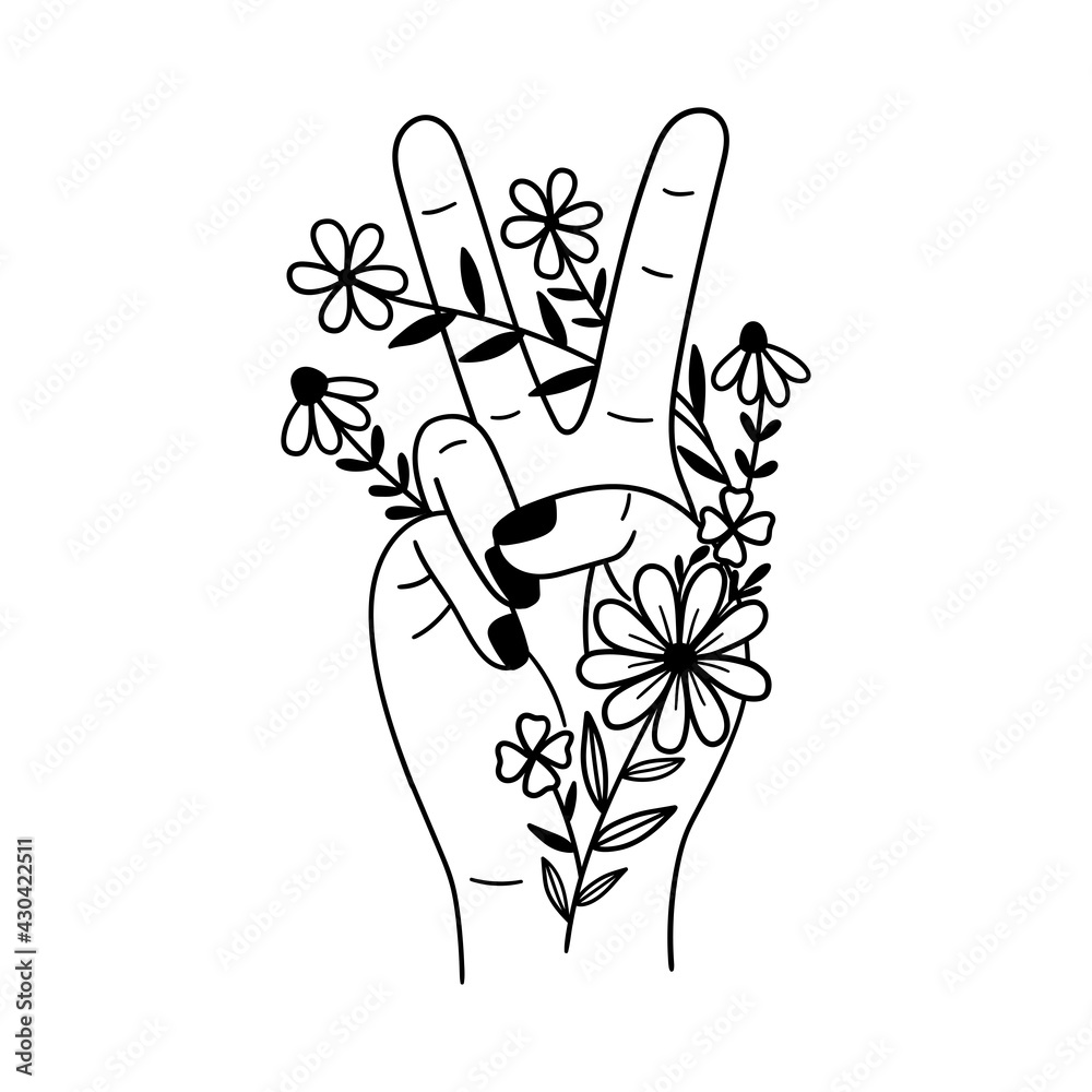 Peace Sign Hand. Hand with two fingers outward and flowers. Outline ...