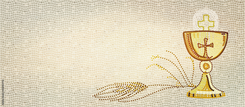 The first Holy Communion, mosaic. Christian background. Stock ...