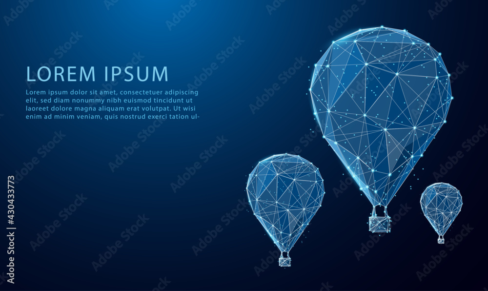 low poly with balloons flies to the sky glowing blue. Low polygon ...