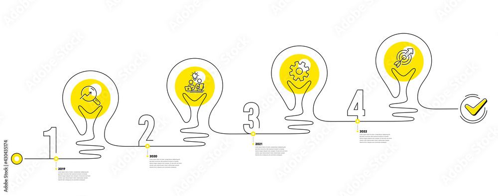 Continuous line timeline with lamp light bulbs and icons. 4 steps idea ...