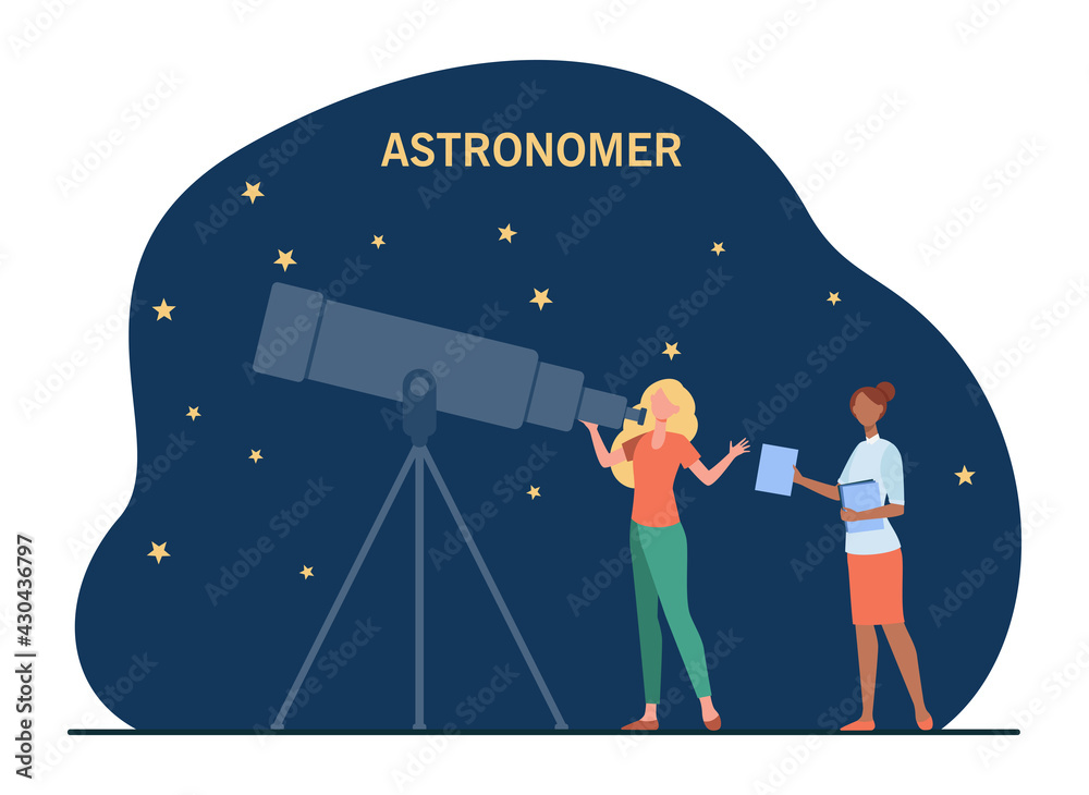 Female astronomers watching stars in telescope. Sky, space, study flat ...