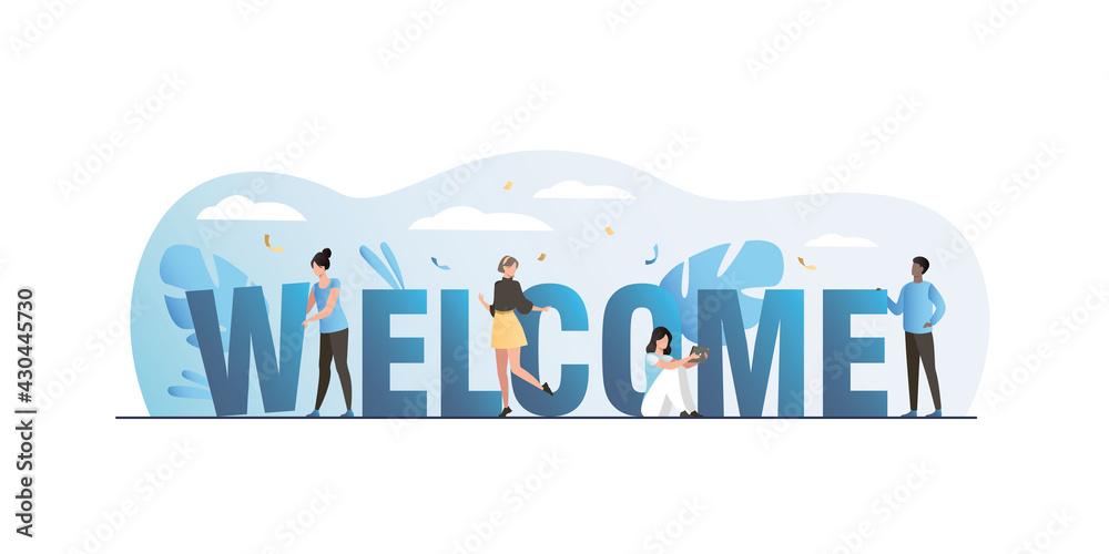 Happy people, friends of different nationalities with big greeting word ...