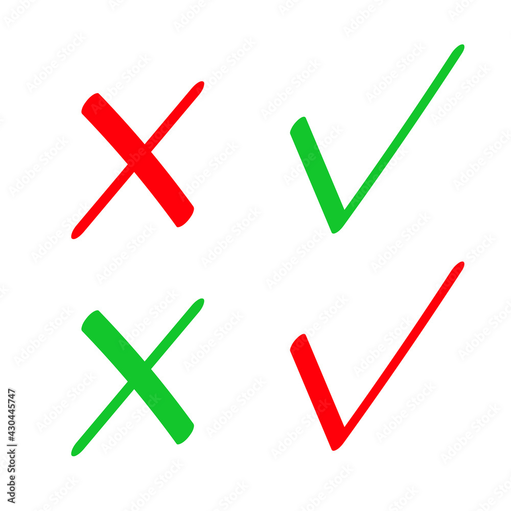 Cross and tick signs.Green and red checkmark icons, simple marks for ...