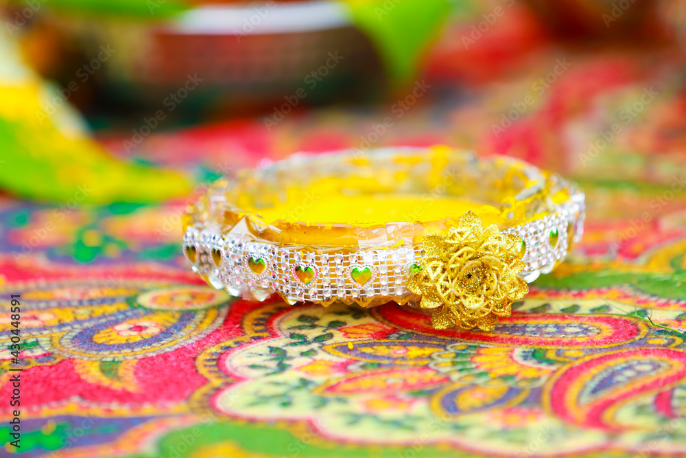 Traditional wedding ceremony in Hinduism: Turmeric in plate for haldi ...