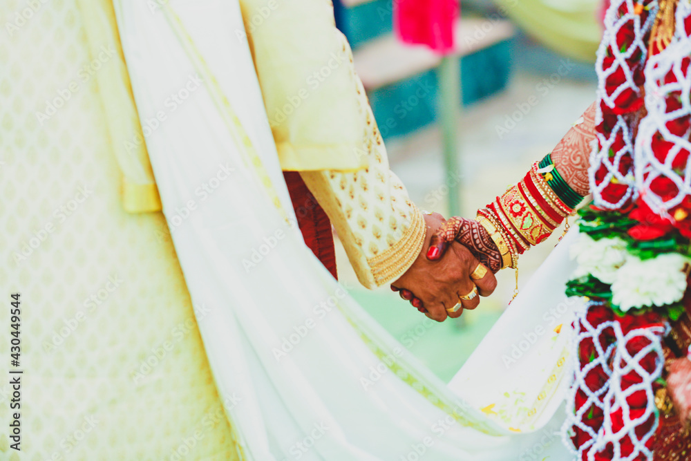 Indian couple hand in wedding Satphera ceremony in hinduism Stock Photo ...