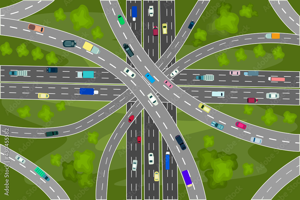 Road junction and bridges with many cars top view. Modern highway and ...