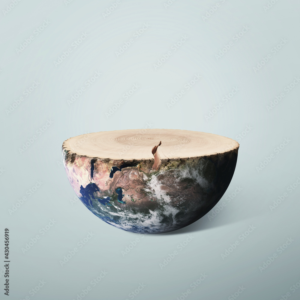 Tree and planet earth, concept. Cut tree with rings and half of the ...
