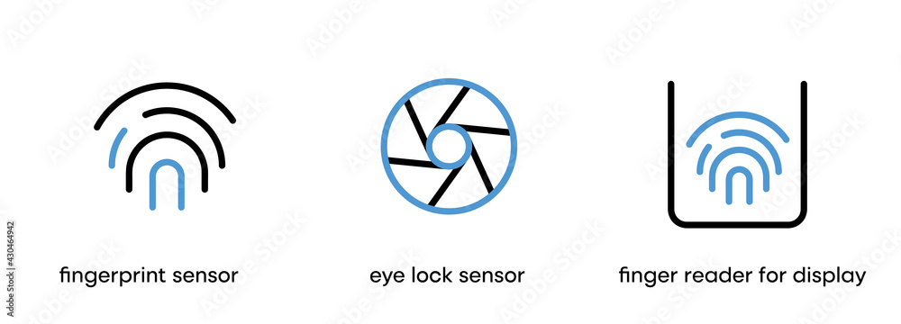 Phone sensors icon set. Finger reader, eye lock and no touch screen ...