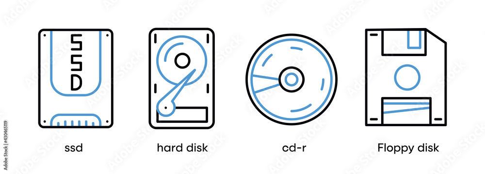 SSD, hard disk, cd-r and floppy disk icon set. This symbol is the ...