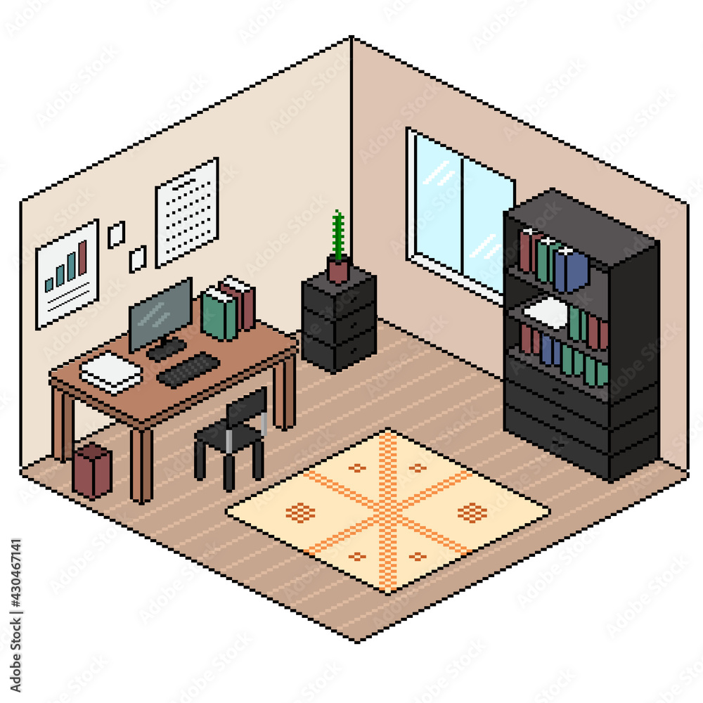 Pixel Art Office Interior with Furniture Isometric View. Vector Stock ...