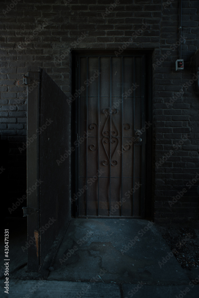 dark creepy rundow back alley entrance locked wrought iron gate ...
