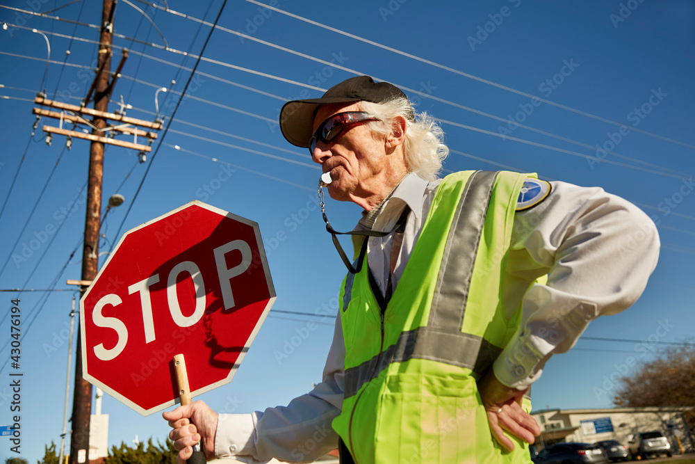 A child traffic controller stands in the street with a stop sign, capy ...