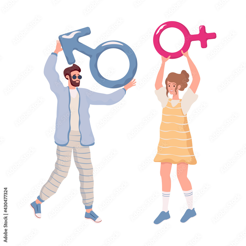 Happy young man and woman in casual clothes holding male and female ...