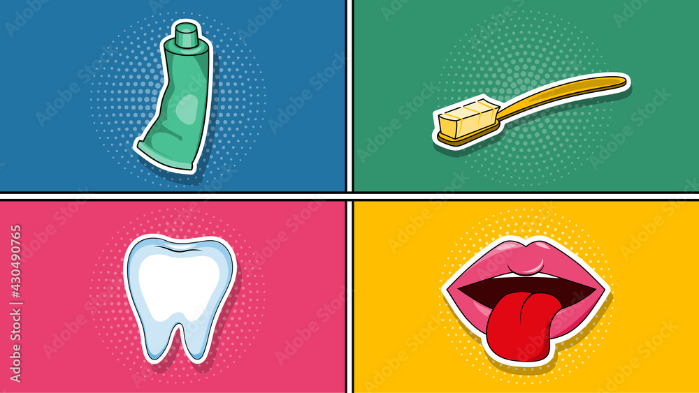 pop-art style sticker illustration with images of a tube of toothpaste ...