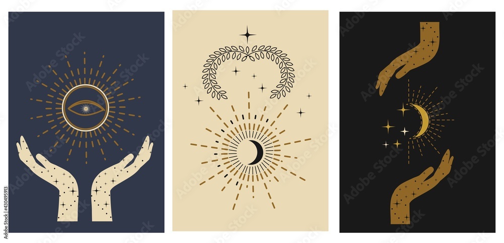 Mystery cards set. Hand drawn mystical design templates with hands ...