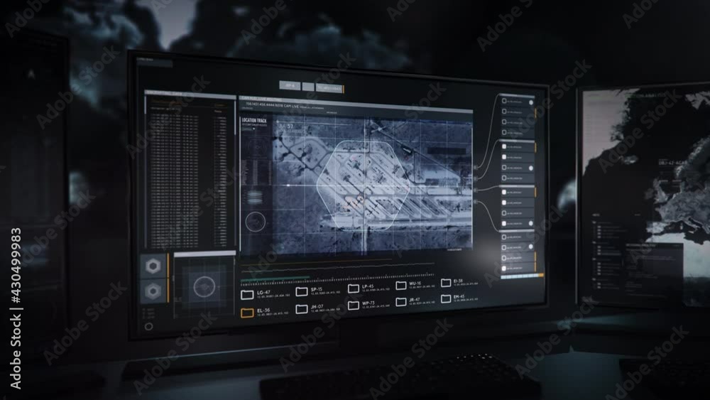Multiple Modern Monitors in military base. Drone Camera is Quickly ...