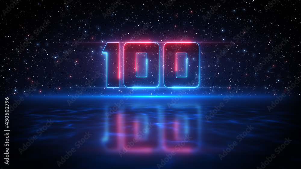Futuristic Red And Blue Number 100 Display Neon Light On Dark Blue ...
