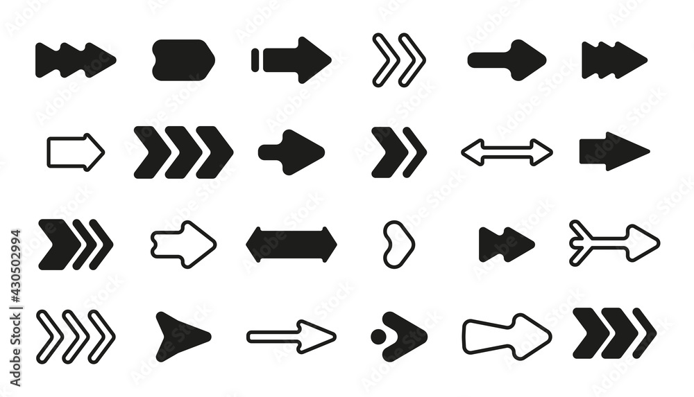 Set of black different arrow. Icon outline, flat style navigation sign ...