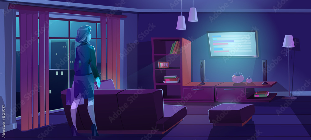 Woman coming home from work and watch tv at night. Vector cartoon ...