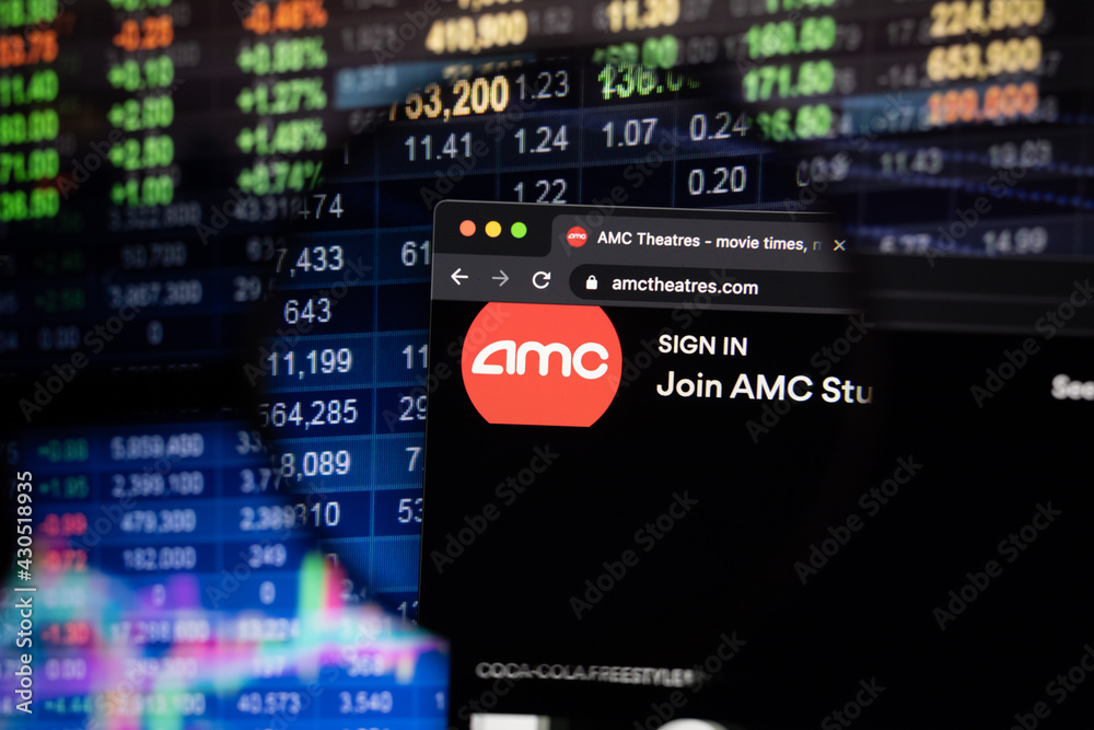 AMC company logo on a website with blurry stock market developments in ...