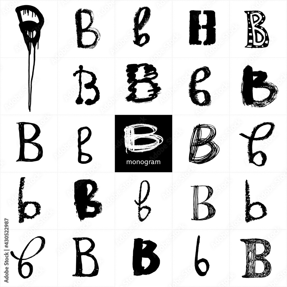 Monogram B. Set of handwritten stylish letters. Pencil and brushwork ...