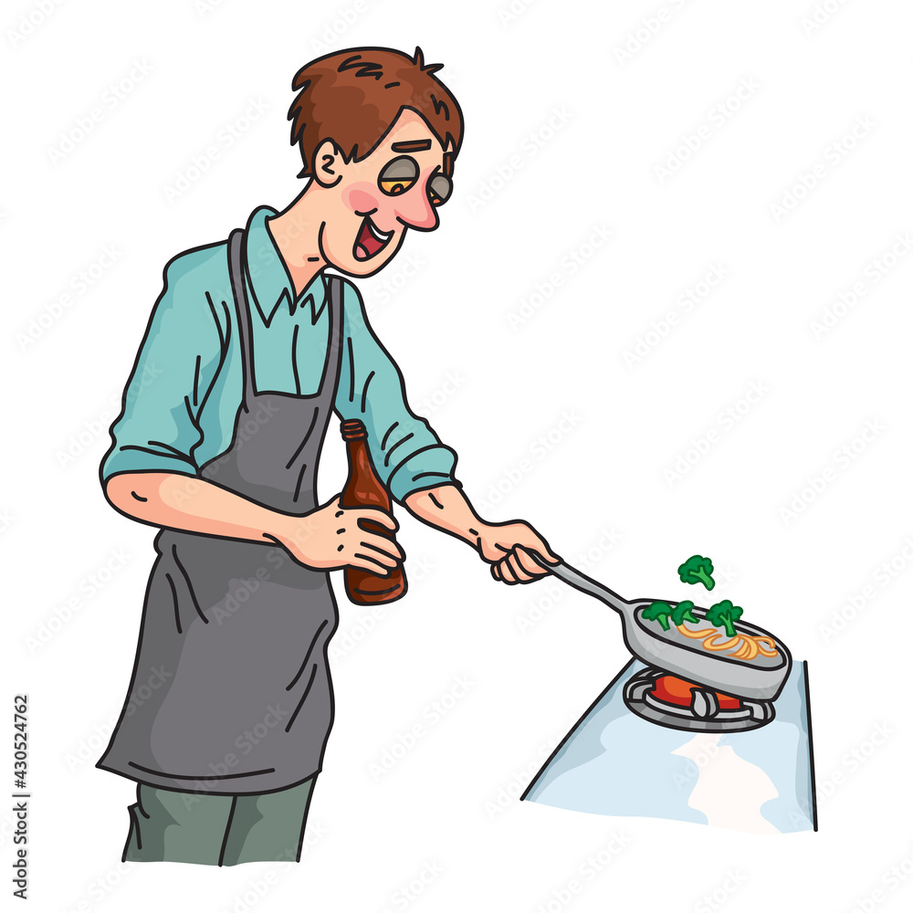 Cartoon Drunk Chef Cooking At Home, illustration vector cartoon Stock ...