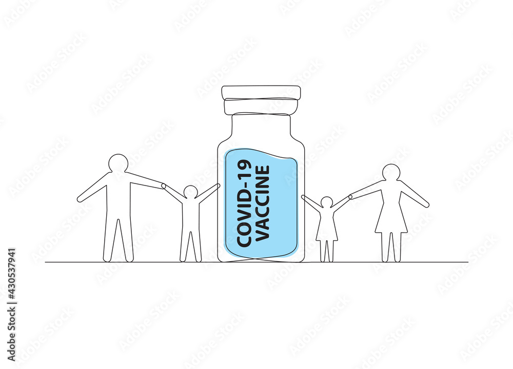 one continuous line drawing family standing together with vial vaccine ...