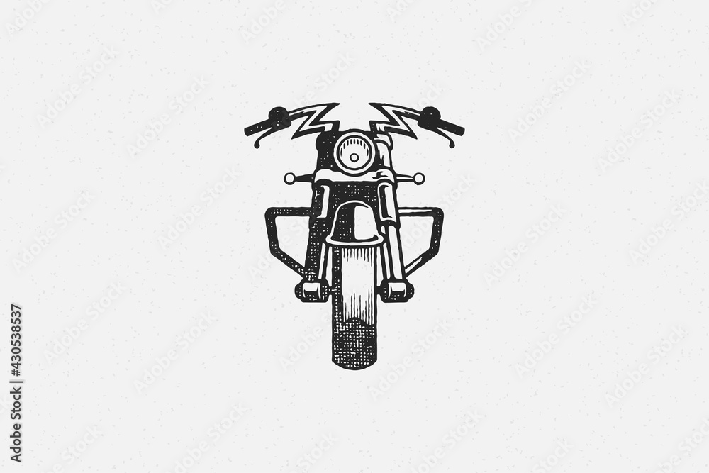Chopper motorcycle silhouette front view hand drawn ink stamp vector ...