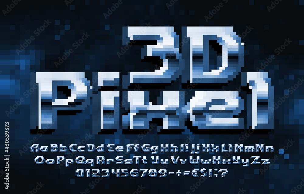 3D Pixel alphabet font. Digital letters, numbers and punctuations. 80s ...