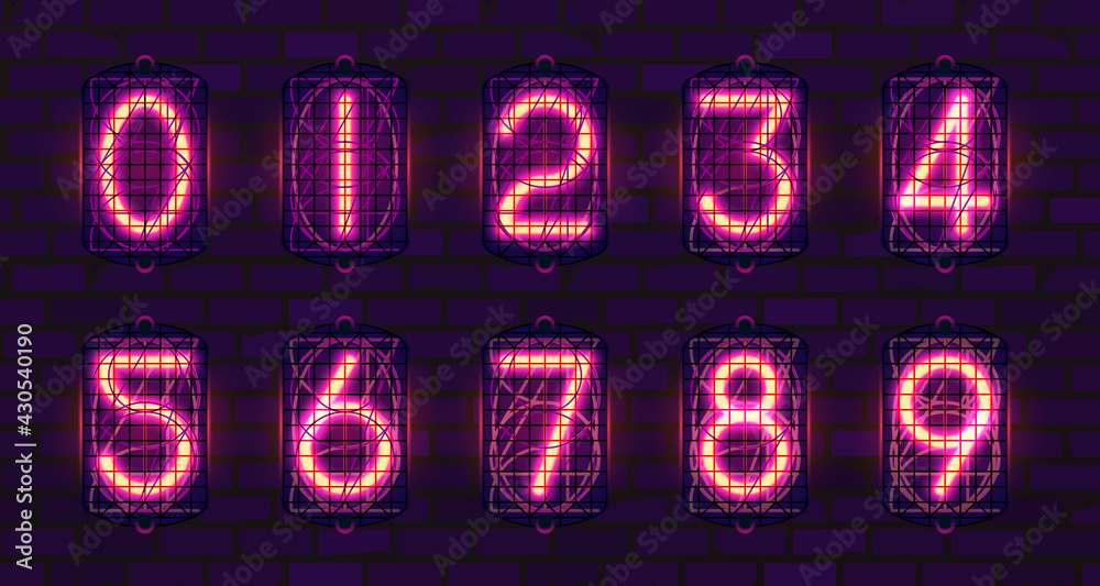 Set of retro neon numbers from pink lamps in-12, nixie tube indicator ...
