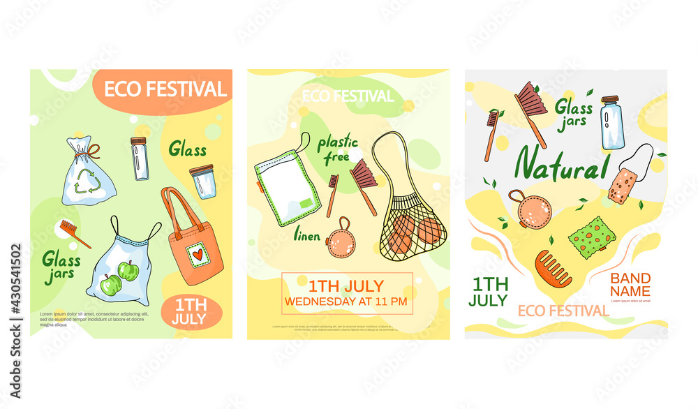 Set of illustrations about eco festival concept poster. Daily goods ...