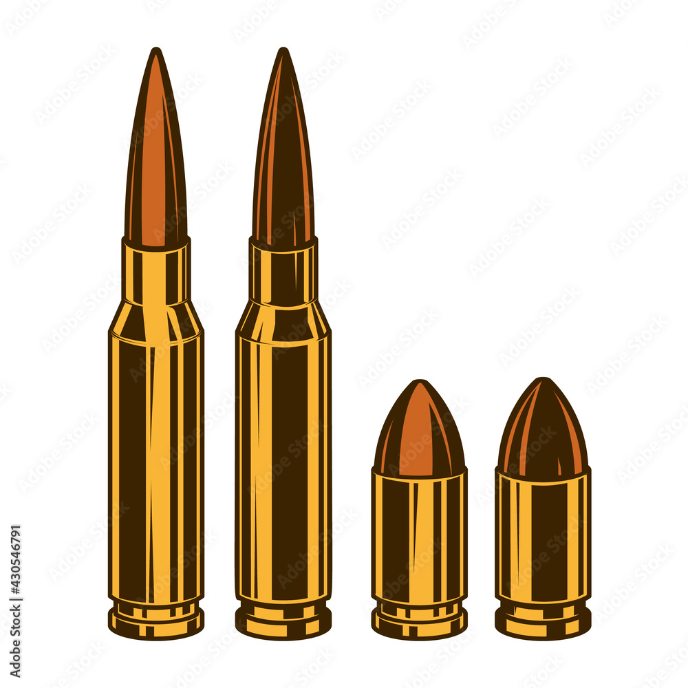 Set of Illustrations of bullets and cartridges in vintage monochrome ...