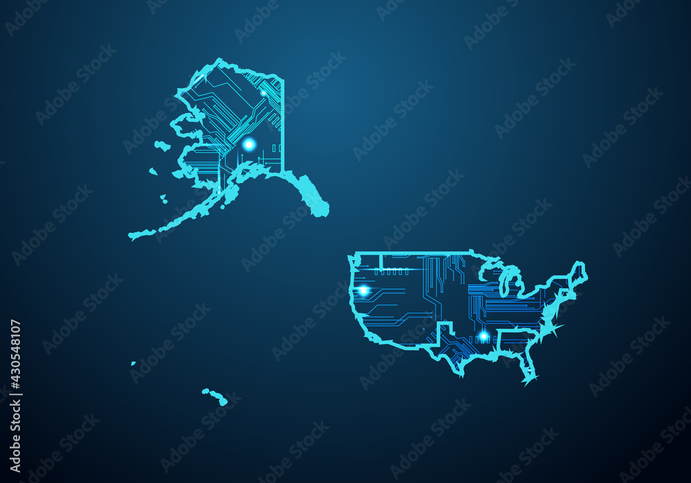 Abstract futuristic map of usa Mercator. Circuit Board Design Electric ...