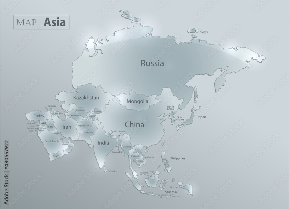 Asia map, separates states and names, design glass card 3D vector Stock ...