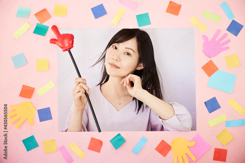 Woman with pink board. post it note Stock Photo | Adobe Stock