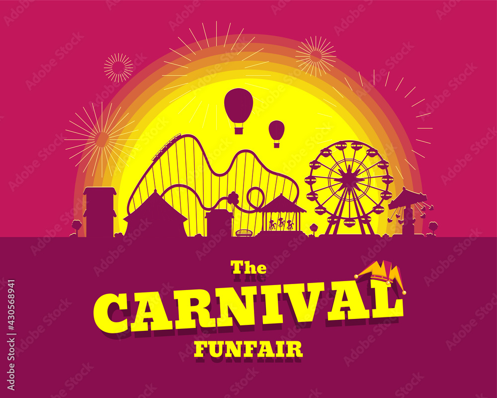 Carnival funfair flyer or banner. Amusement park with circus, carousels ...