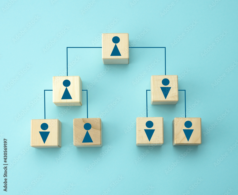 wooden blocks with figures on a blue background, hierarchical ...