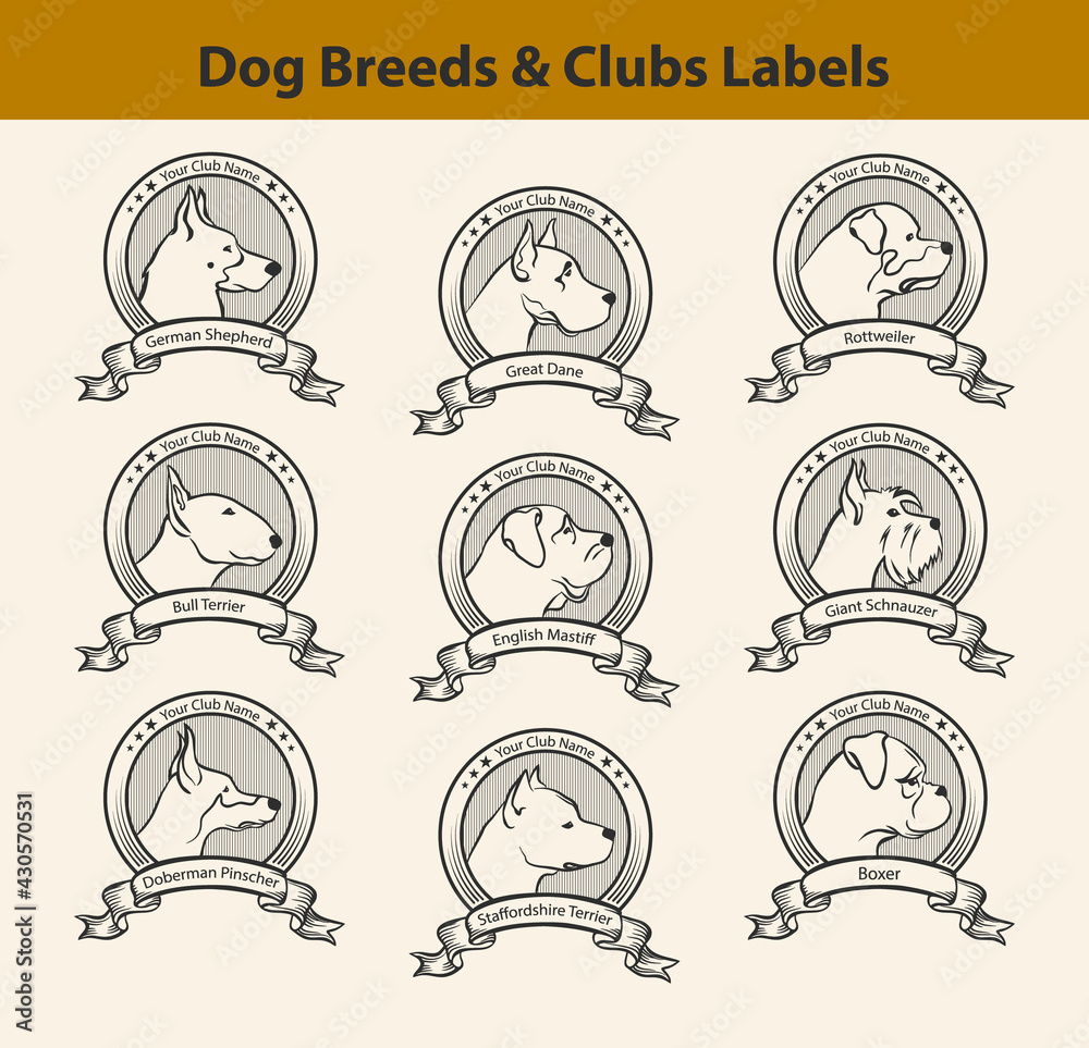 Set of dog breeds labels, canine clubs emblems. Profile silhouette pets ...