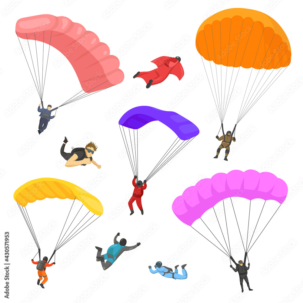 People skydiving with parachutes vector illustrations set. Cartoon ...