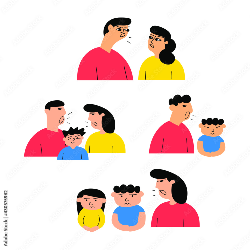 Parents yelling at his kids and yelling to each other. Set of icon ...