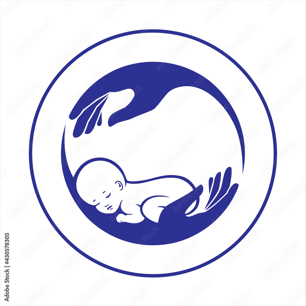 baby sleeping in hand. Logo of baby care, family love, protection ...