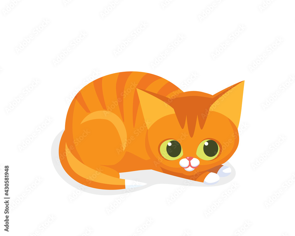 Cute and sweet red tabby striped ginger cat character, lying with head ...