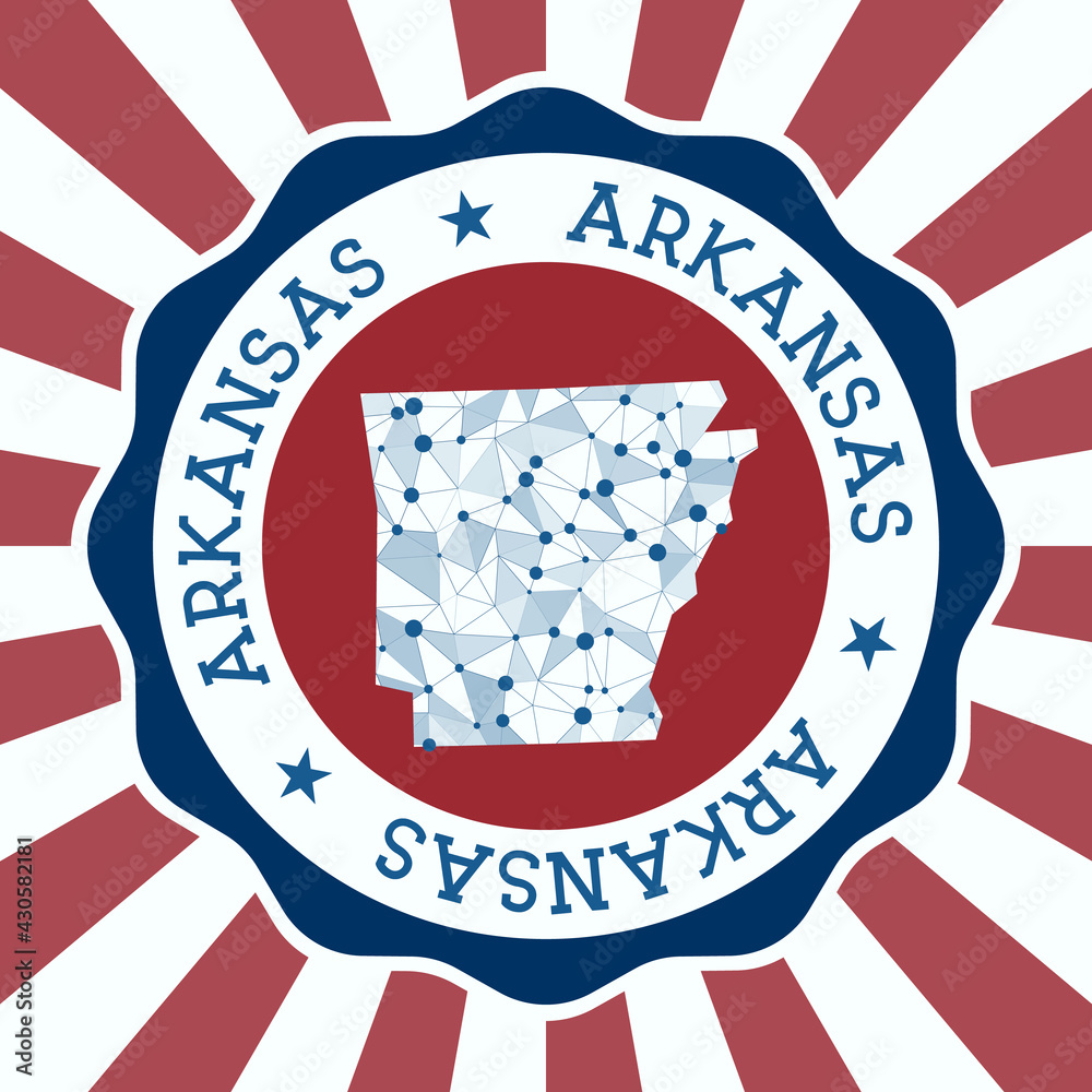 Arkansas Badge. Round logo of us state with triangular mesh map and ...