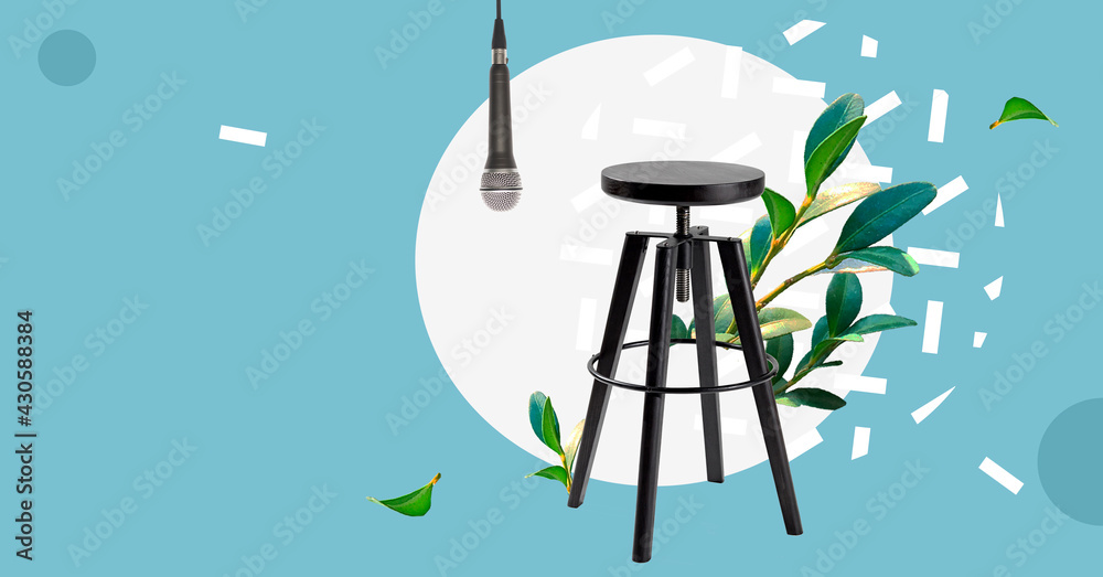 Microphone and wooden stool on a stand up comedy stage. Public speaking ...