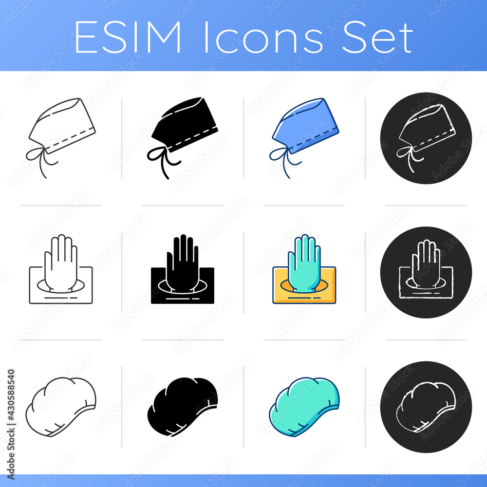 Surgical sterile uniform icons set. Doctor sterile cap. Rubber gloves ...