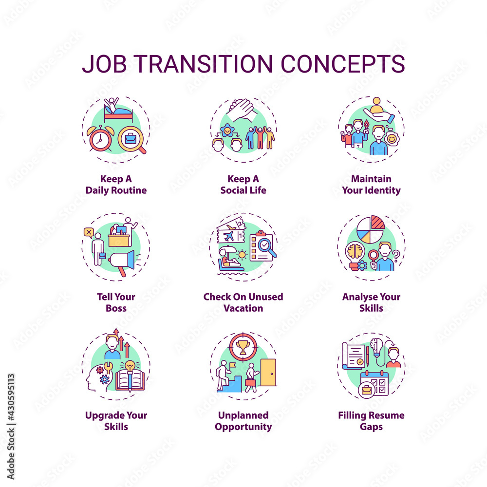 Job transition concept icons set. Job change tips idea thin line RGB ...