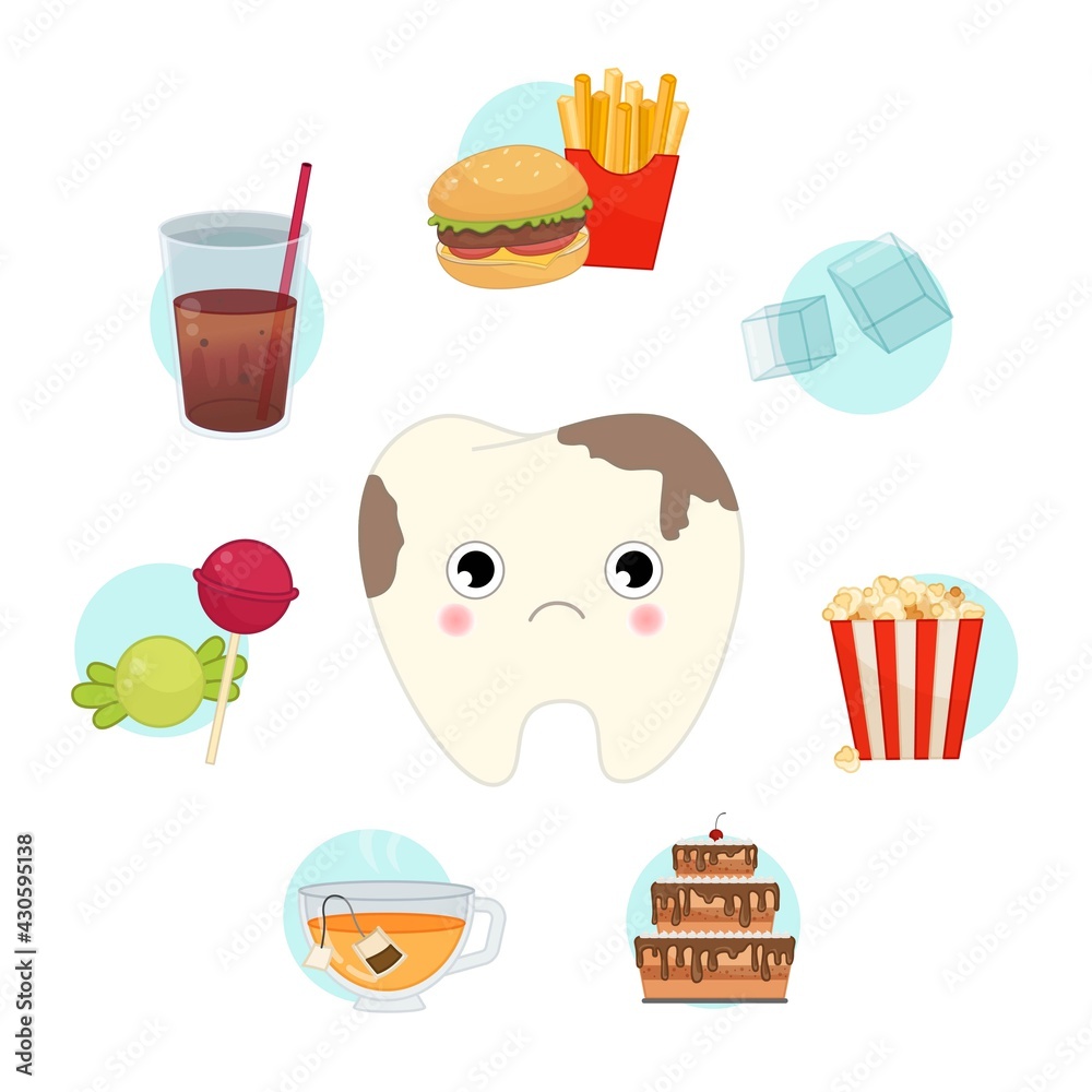 Vector set of junk food for teeth. Illustration of a cute cartoon sick ...