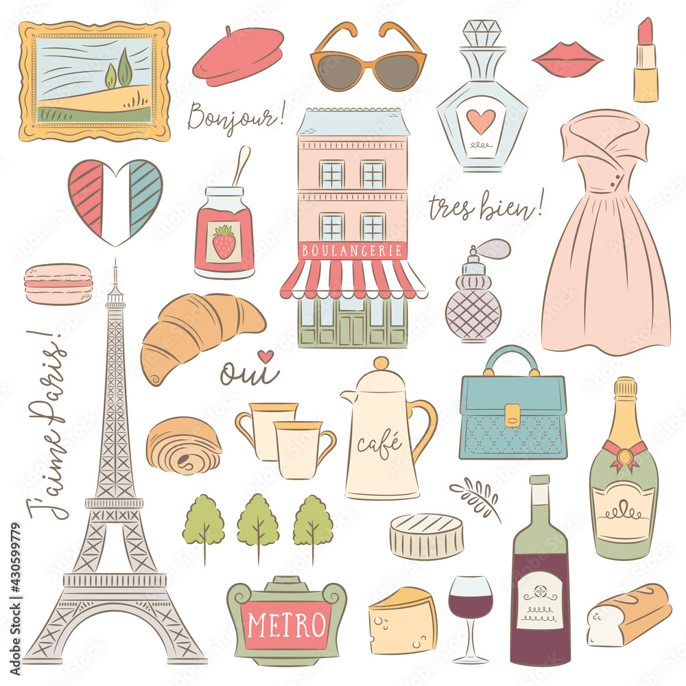 Paris Icons Collection illustrations isolated on white background Stock ...